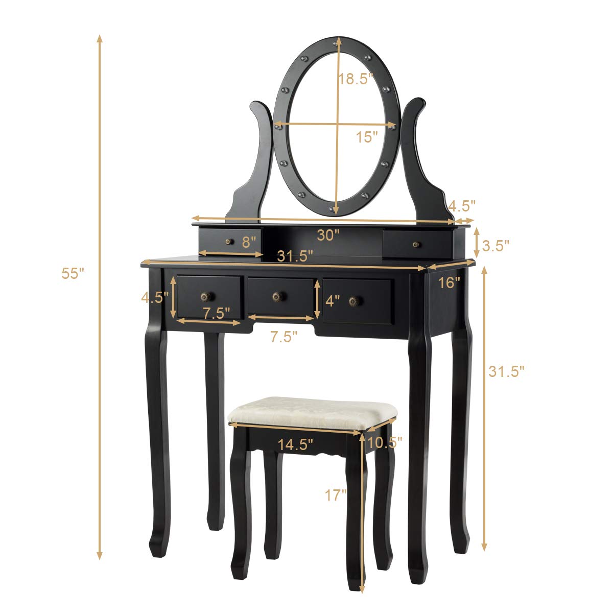 Giantex Vanity Table Set with 12 Lights Mirror, Bedroom Makeup Dressing Table with 360° Rotating Oval Mirror, 5 Drawers and Shelf, Modern Makeup Table with Cushioned Stool for Girls Women (White)