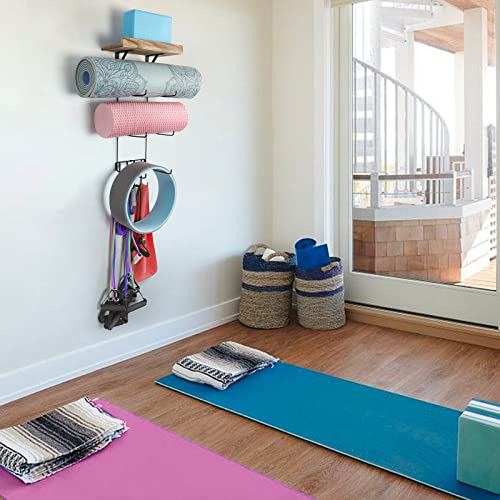 VINAEMO Yoga Mat Holder Accessories Wall Mount Organizer Storage Decor Foam Roller and Towel Storage Rack with 4 Hooks and Wooden Shelves Yoga Mats Rack Block Resistance Bands for Home Gym School