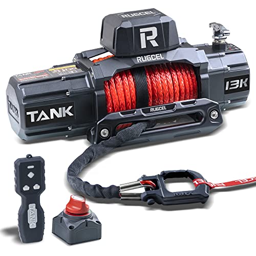 RUGCEL 13500lb Waterproof Electric Red Synthetic Rope Winch with Hawse Fairlead, Wired Handle and 2 Wireless Remote (TANK13500 RED)