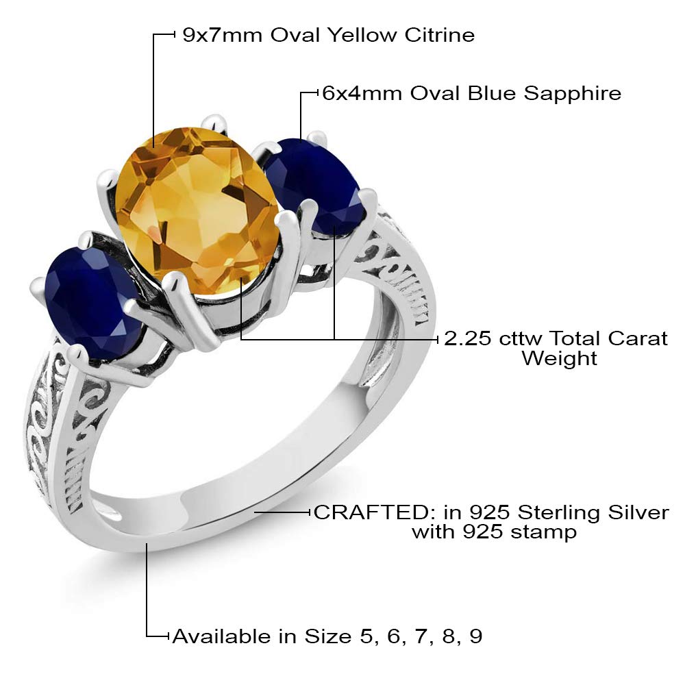 Gem Stone King 925 Sterling Silver Yellow Citrine and Blue Sapphire 3-Stone Engagement Ring For Women | 2.25 Cttw | Gemstone Birthstone | Available In Size 5, 6, 7, 8, 9