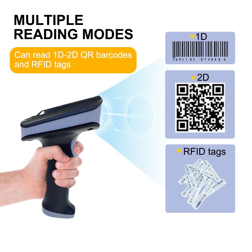 YANZEO SR290 UHF RFID Reader Handheld Terminal Barcode Scanner 1D/2D QR Barcode Reader Bluetooth 2.4 GHz+Wired USB Bar Code Reader for Jewelry/Clothing/Shoe Store, Supermarket, Warehouse