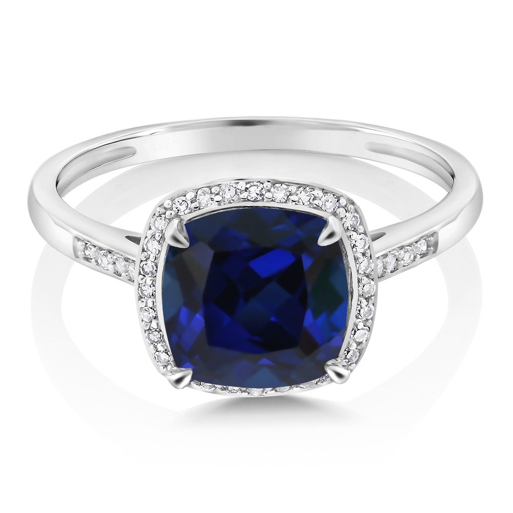 Gem Stone King 10K White Gold Blue Created Sapphire and Accent Diamond Engagement Ring For Women (2.50 Cttw, Cushion 8MM, Available In Size 5, 6, 7, 8, 9)