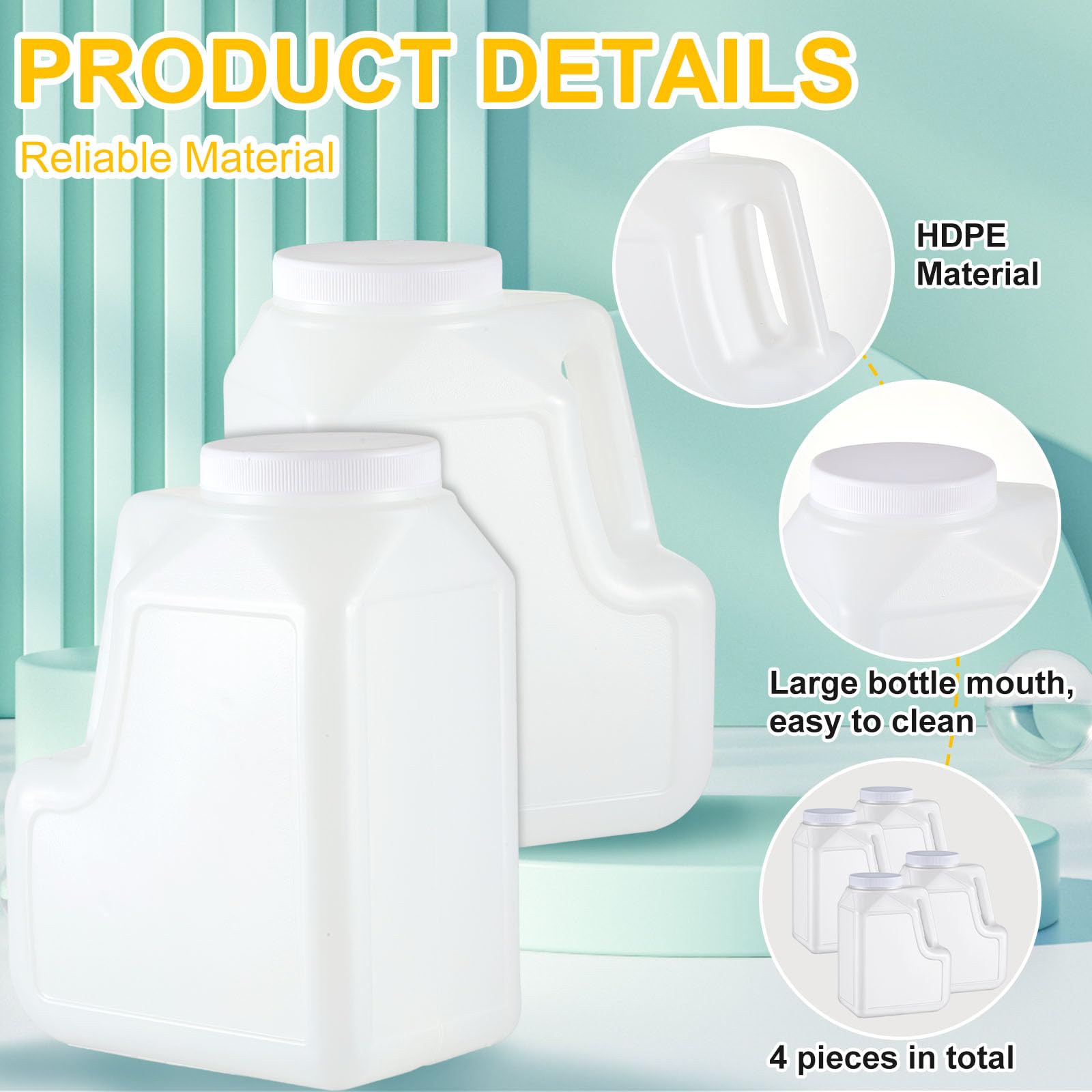 Suzile 4 Pcs 1.25 Gallon White HDPE Plastic Gallon Jar with Handle and Airtight Lid Square Empty Storage Containers and Jugs Wide Mouth Gallon Jugs for Home Restaurant Residential Commercial Use