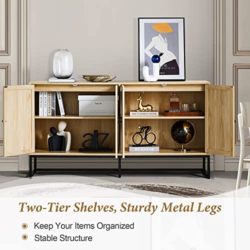 QEIUZON Modern Sideboard Cabinet, Accent Storage Cabinet with Rattan Doors and Adjustable Shelves, Freestanding Sideboard Storage Cabinet for Kitchen Dining Living Room Office (Natural)