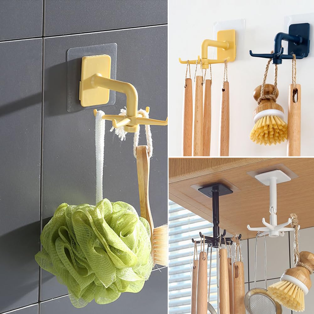 Poouty 360° Rotating Self Adhesive Utility Hook, 2024 New Under Cabinet Hooks Adhesive Kitchen Hooks for Hanging Utensils Holder Hanger Storage Rack for Kitchen Utensils Organizer (6Hooks, 2 Black)