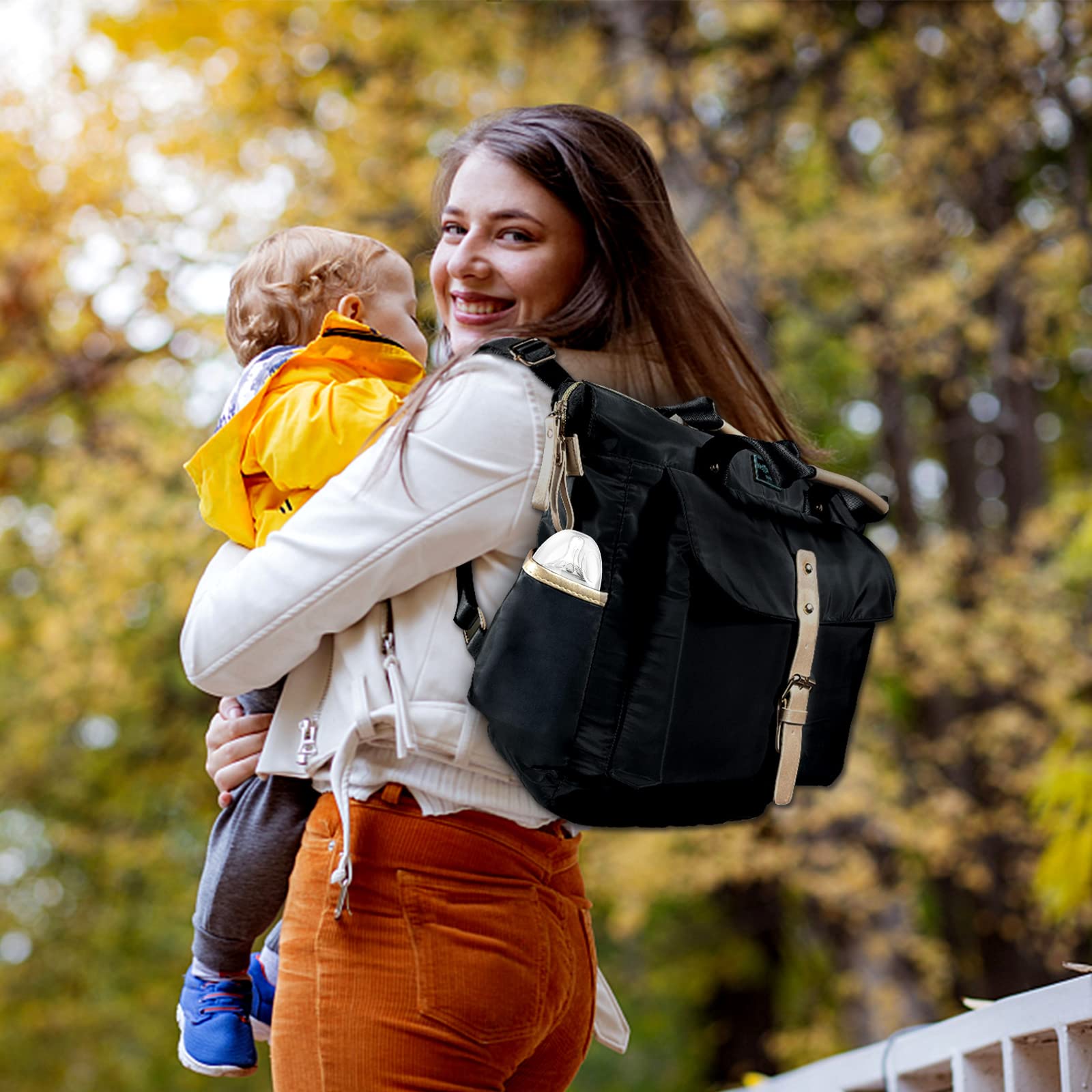 MYZIDEA Baby Diaper Bag Backpack, Stylish Multifunction Travel Back Pack with Portable Changing Pad, Pacifier Case and Stroller Straps, Stylish Backpack for Moms Dads, Black Gold