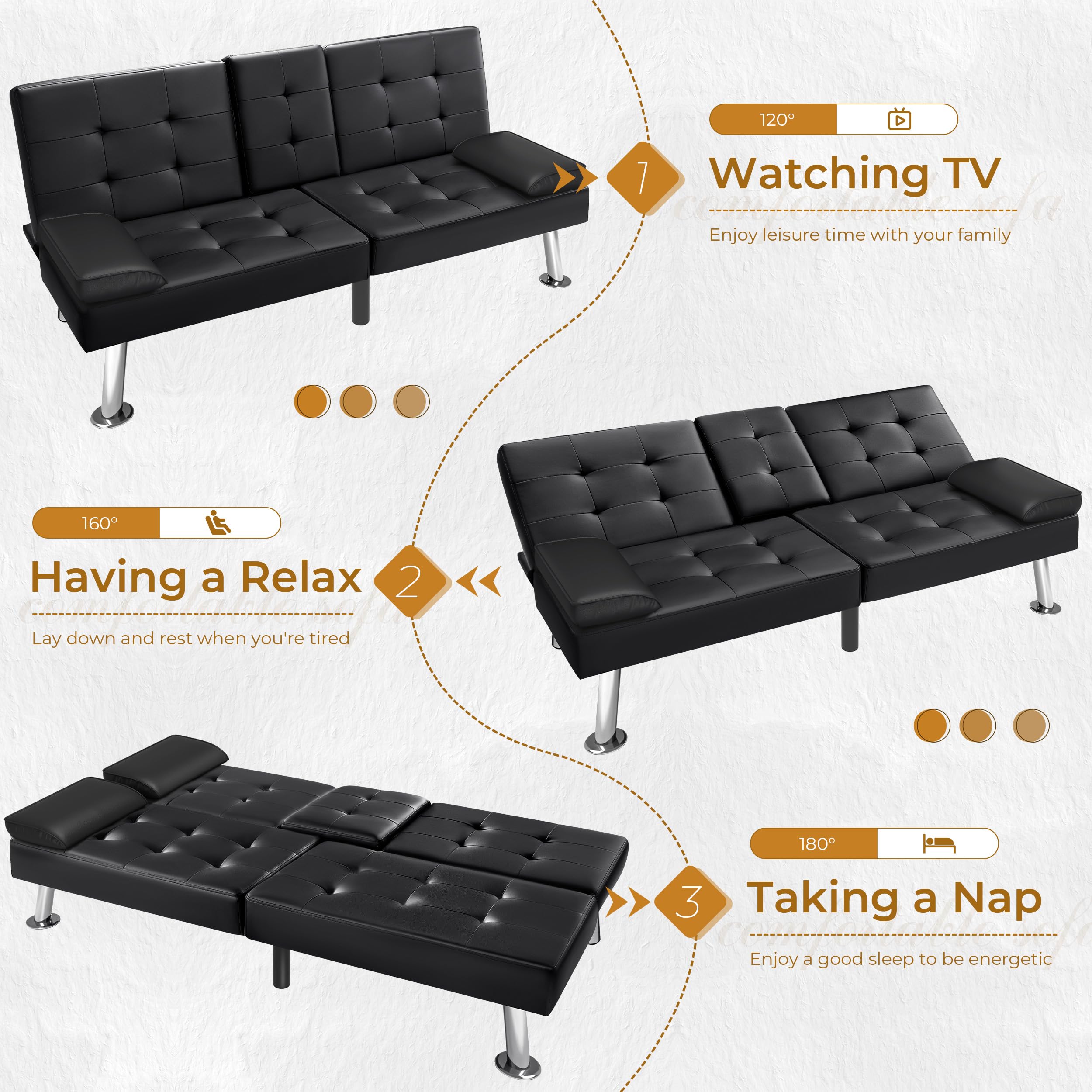 Furniwell Futon Sofa Bed Modern Faux Leather Sofa Couch for Living Room Convertible Folding Adjustable Recliner with 2 Cup Holders and Armrests (Black)