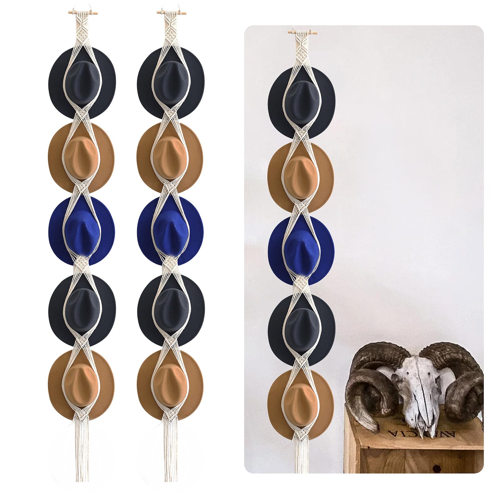 SVICCOOKQ 2Pcs Macrame Hat Hanger, Boho Hat Hangers for Wall, Decorative Bohemian Hand Weaving Hat Rack for Wide Brim Fedoras Caps - 78.74 Inches