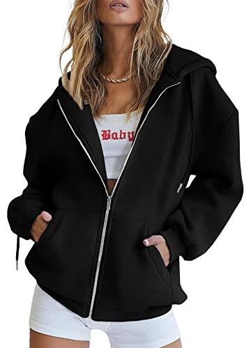 PRETTYGARDEN Women's 2023 Zip Up Y2K Hoodies Casual Long Sleeve Sweatshirts Fall Track Jackets With Pockets (Black,Small)