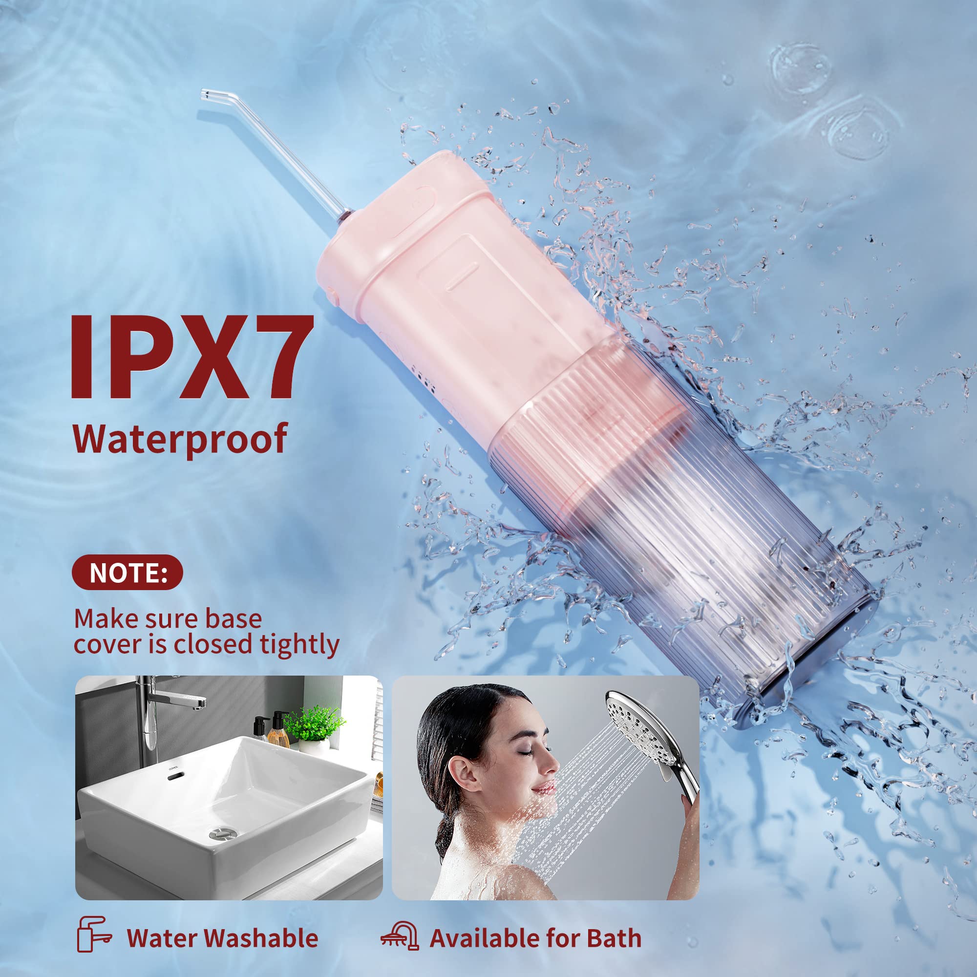 Portable Water Flosser, Mini Cordless Oral Irrigator, Power Dental Flosser with Detachable Water Tank IPX7 Waterproof, 3 Adjustable Modes Comes with Storage Bag(Pink)