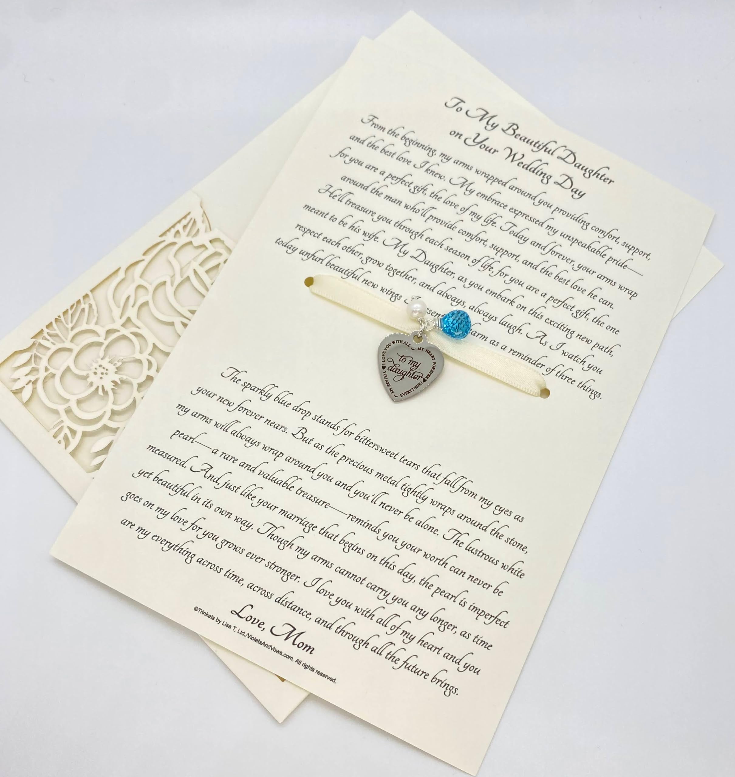 Gift for Daughter on Wedding Day-Bouquet Charm-Something Blue from Mom to Bride BCOW (Azure Blue, Send as Shown/Do not add custom names/date/closing)
