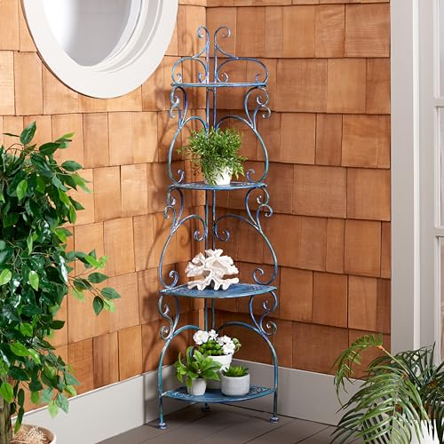 SAFAVIEH Outdoor Collection Turuca Mossy Blue Wrought Iron 4-Tier Corner Shelf (Fully Assembled)