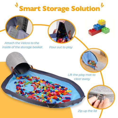 SAM AND MABEL Storage Organizer and Play Mat - 15" x 15" x 16" Organizer Storage Bin for Playroom, XXL Storage Bag/Basket (Grey)