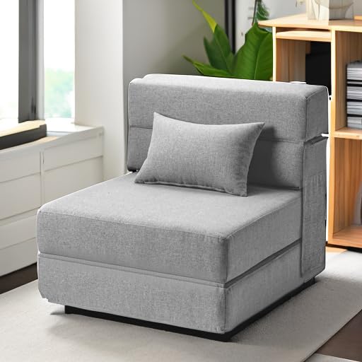 SUYOLS Folding Sofa Bed with Pillow- Convertible Chair Floor Couch & Sleeping Mattress - Foldable Memory Foam Sleeper for Living Room/Dorm/Guest Room/Home Office/Apartment/Upstairs Loft, Light Grey