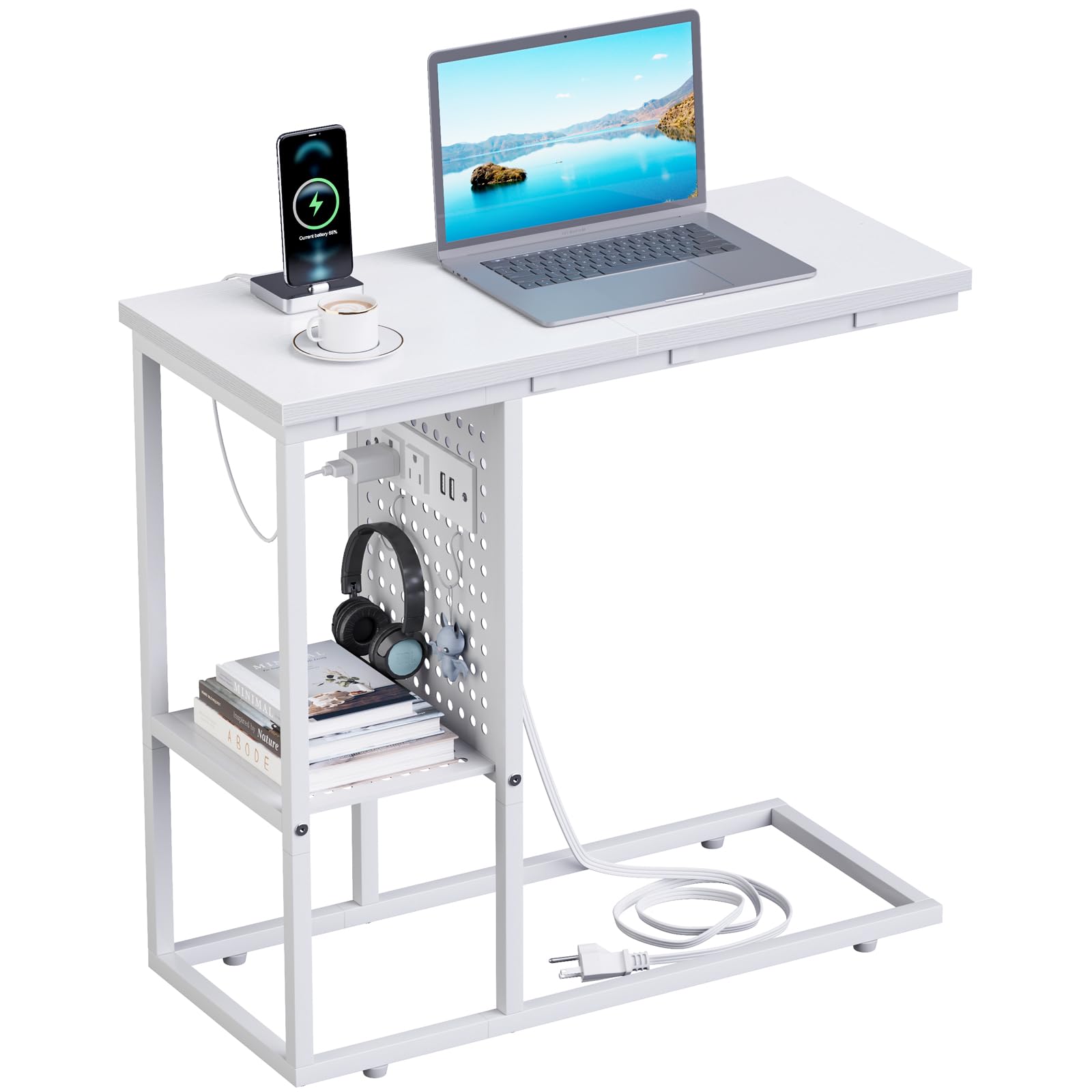 Furologee White C Shaped End Table with Charging Station, Side Table for Couch, Sofa Table with Storage Shelf, Reversible C Table/Small Coffee Table for Living Room, Metal Nightstand for Bedroom