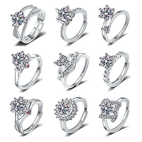 Hodea 9Pcs Gorgeous Round Cut Solitaire Rings Diamond Ring Bride Ring Engagement Wedding Ring Pretty Stacking Ring Knuckle Rings AAAAA Cubic Zirconia Rings Princess Cut Jewelry for Her Anniversary