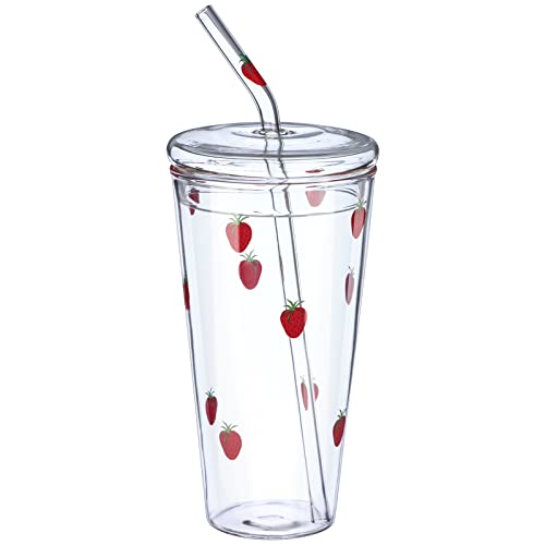 XIDAJIE 17Oz Large Glass Water Bottle With Straw Lid Clear Water Bottle With Straw Strawberry Cup Strawberry Water Bottle Kawaii Cups For Coffee Juice Drinking Water Mug