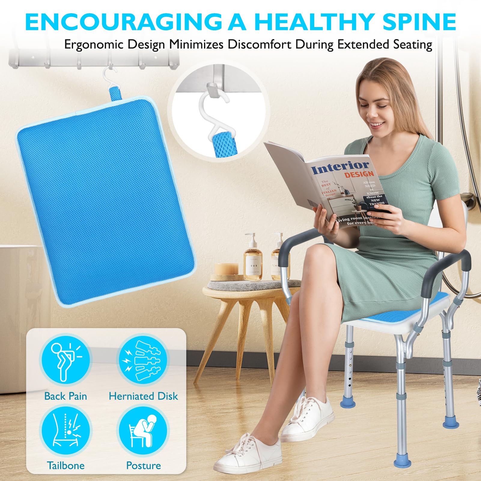 Shower Chair Cushion,3D Mesh Upholstered Transfer Stool Cushion,Foam Cushion with Hooks,Machine Washable Shower Stool Cushion for Elderly,Leg Injuries, Disabled (Cushion Only)