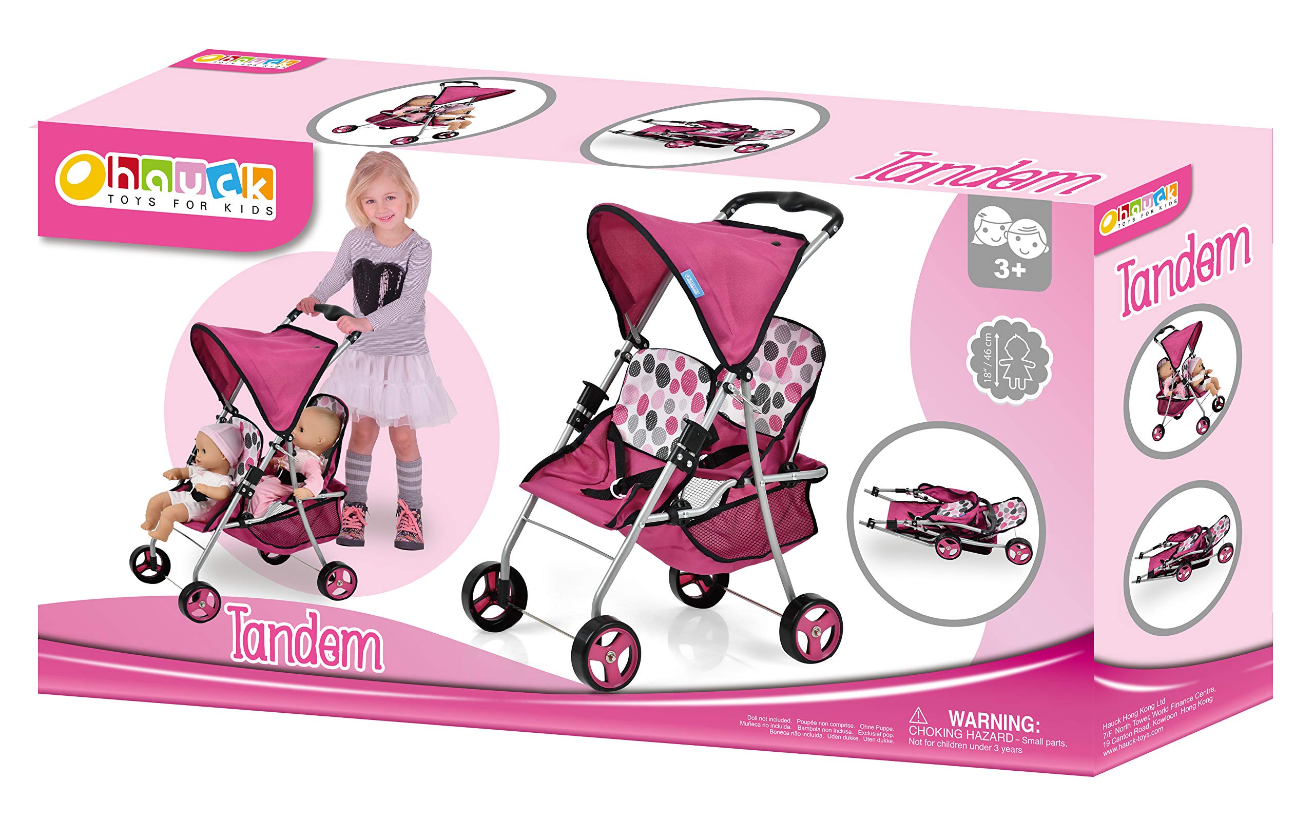 Hauck Pink Dot Doll Twin Stroller, Retractable Canopy, Easy to Fold for Storage and/or Travel, Fits Dolls up to 18"