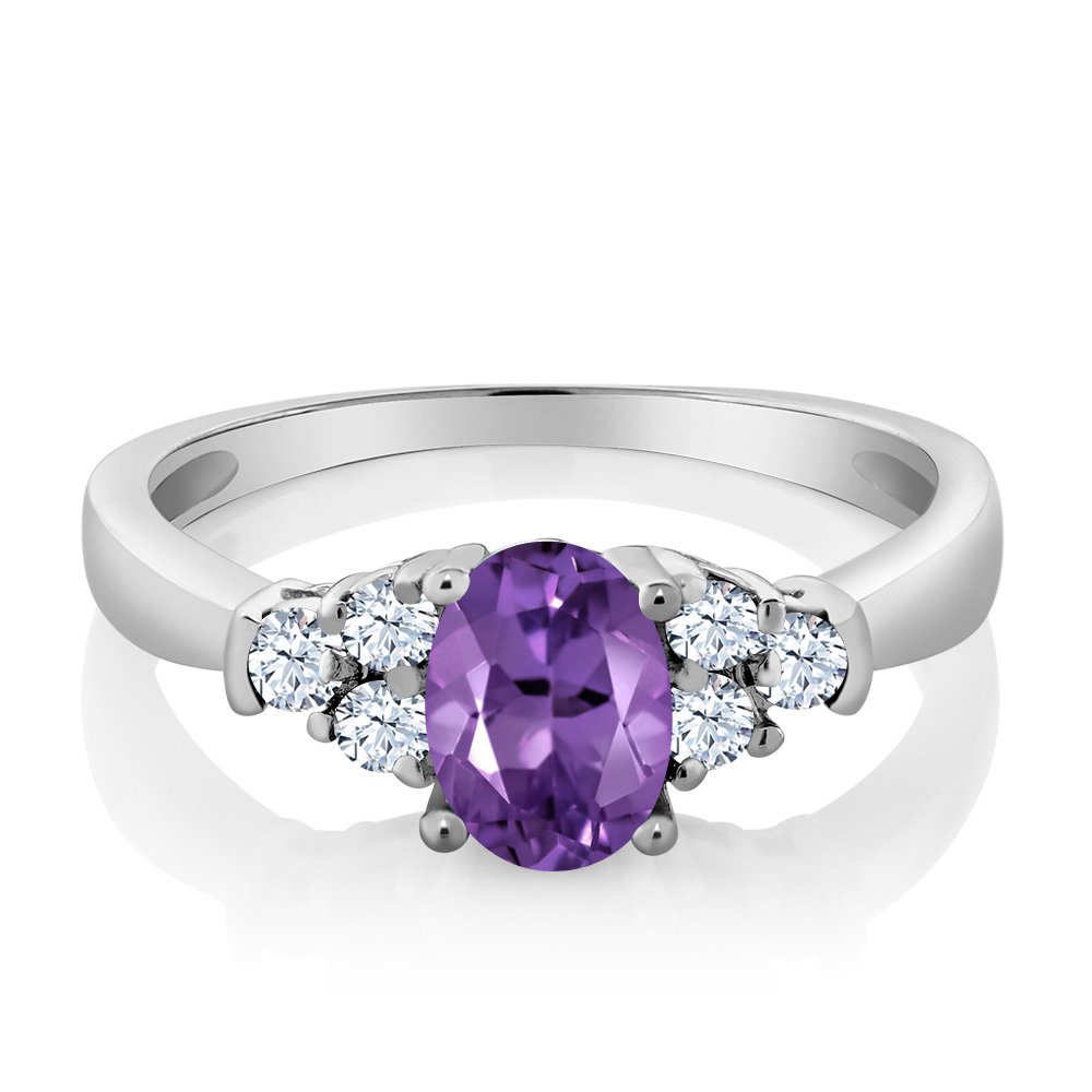 Gem Stone King 925 Sterling Silver Purple Amethyst and White Topaz Engagement Ring For Women (0.69 Cttw, Oval 6X4MM, Gemstone Birthstone, Available In Size 5, 6, 7, 8, 9)