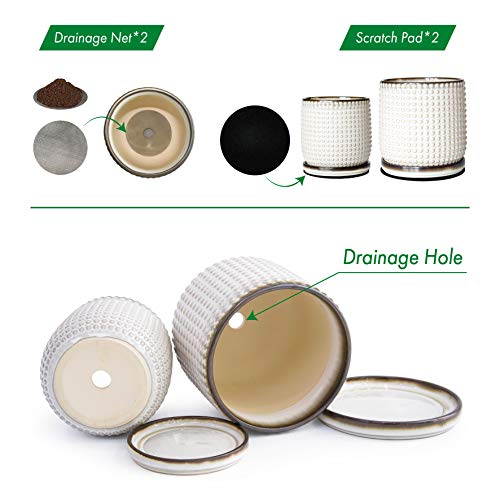 Set of 2, 6 Inch & 4 Inch Ceramic Indoor Planter Pots with Drainage Hole and Saucer, Beaded Design Flower Pots, Smoked White, 27-H-B-SW-ZS