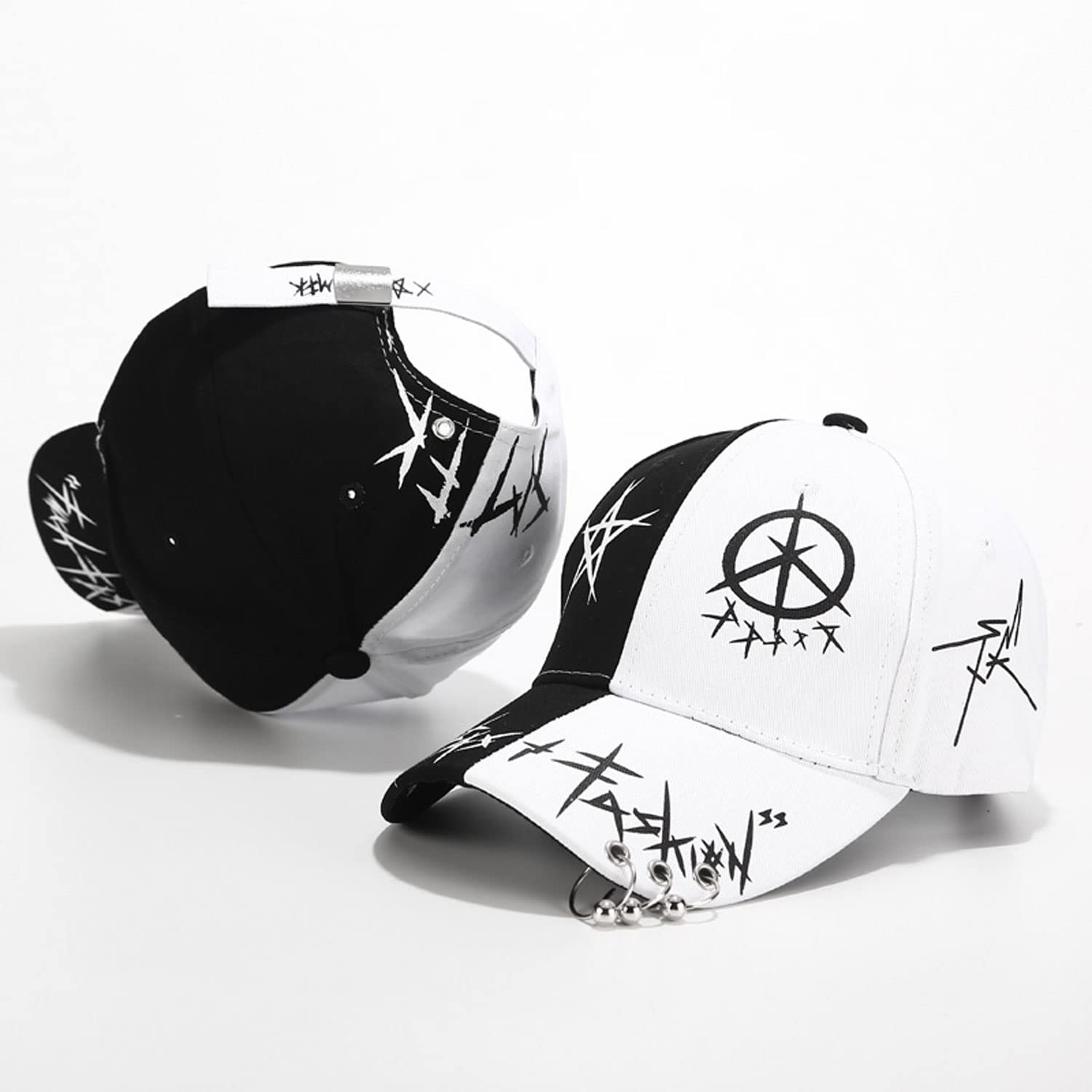 Graffiti Baseball Cap, K-pop Boys Outdoor Iron Ring Snapback Hat,Black White Hiphop Hat, Dad Hat, techwear Hat, tech Wear Cap, Trucker Hat for Men Women