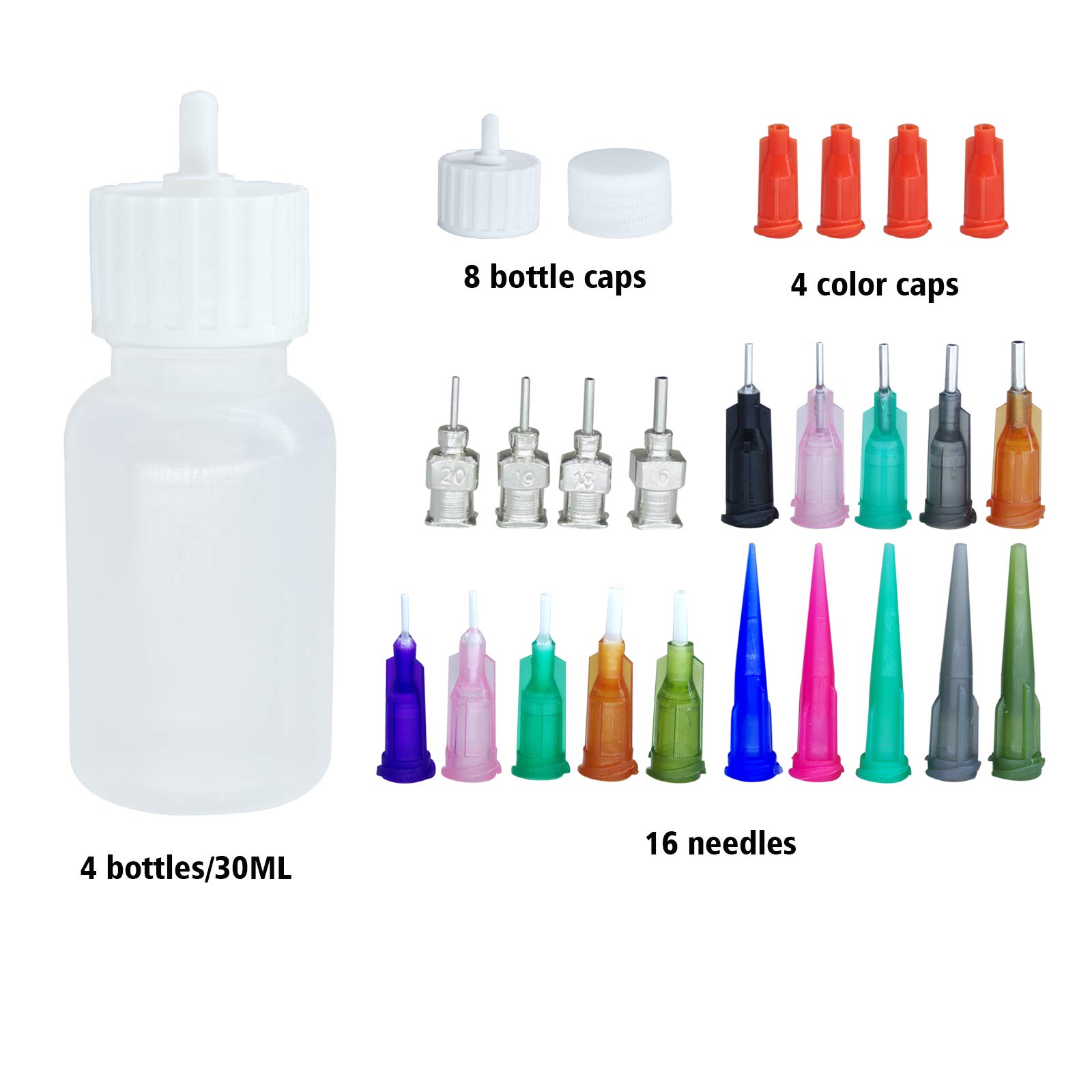 Xmasir Multi Purpose Precision Applicator JAC Bottle for Henna Set 2 pcs 1 Oz.Bottle with 4 pcs Caps and 16 pcs Needle Tips Sizes