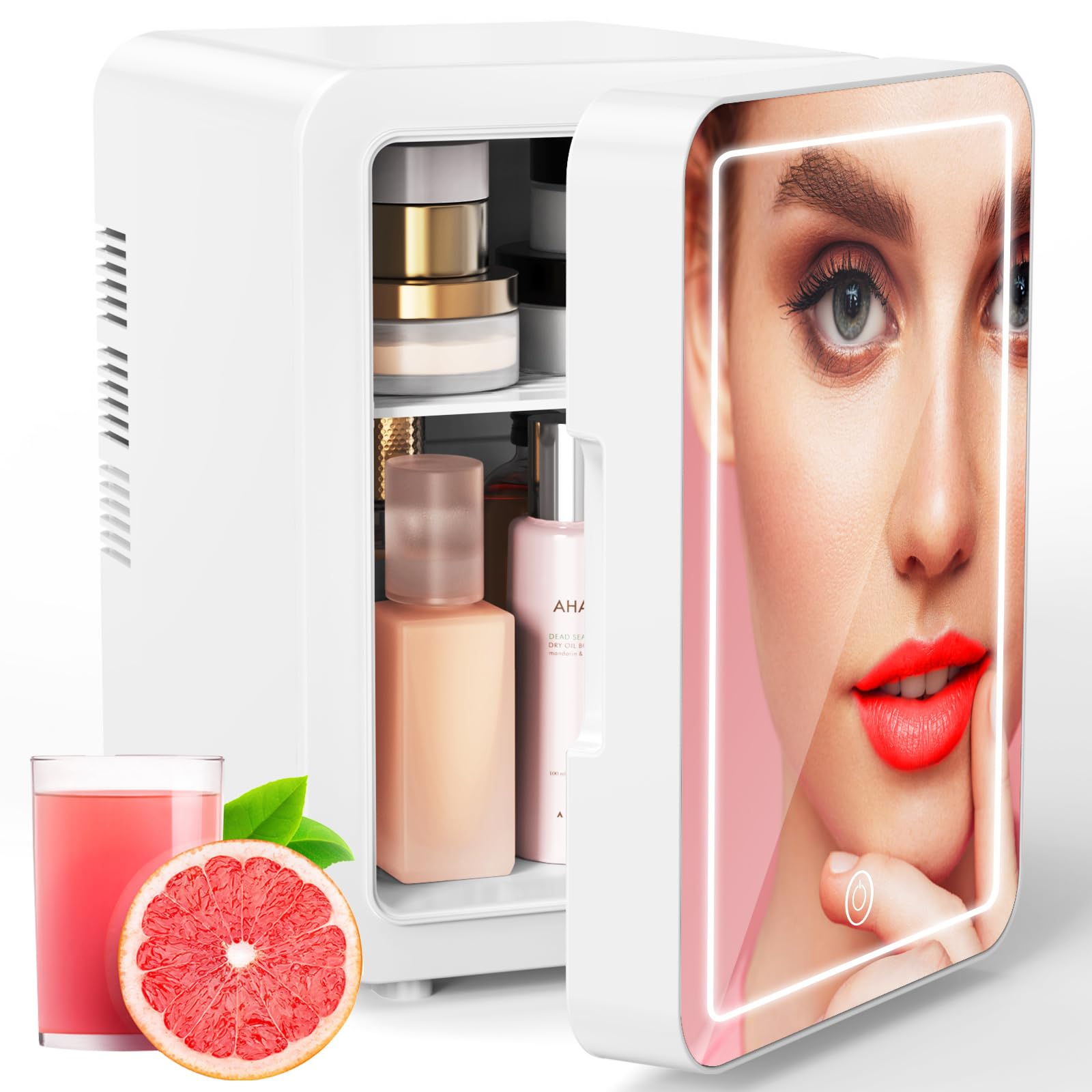 YDHZ Mini Fridge for Bedroom, Small Refrigerator Skincare Fridge With Dimmable LED Light Mirror 4L Makeup Mini Fridge Cooler & Warmer Compact Refrigerator for Cosmetics Drinks Mini Skin Care Fridge