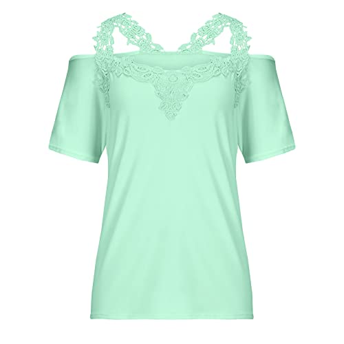 SMIDOW Lace Trim Cold Shoulder t Shirt for Women 2023 Summer Causal Solid Tops Sexy Elegant Blouses
