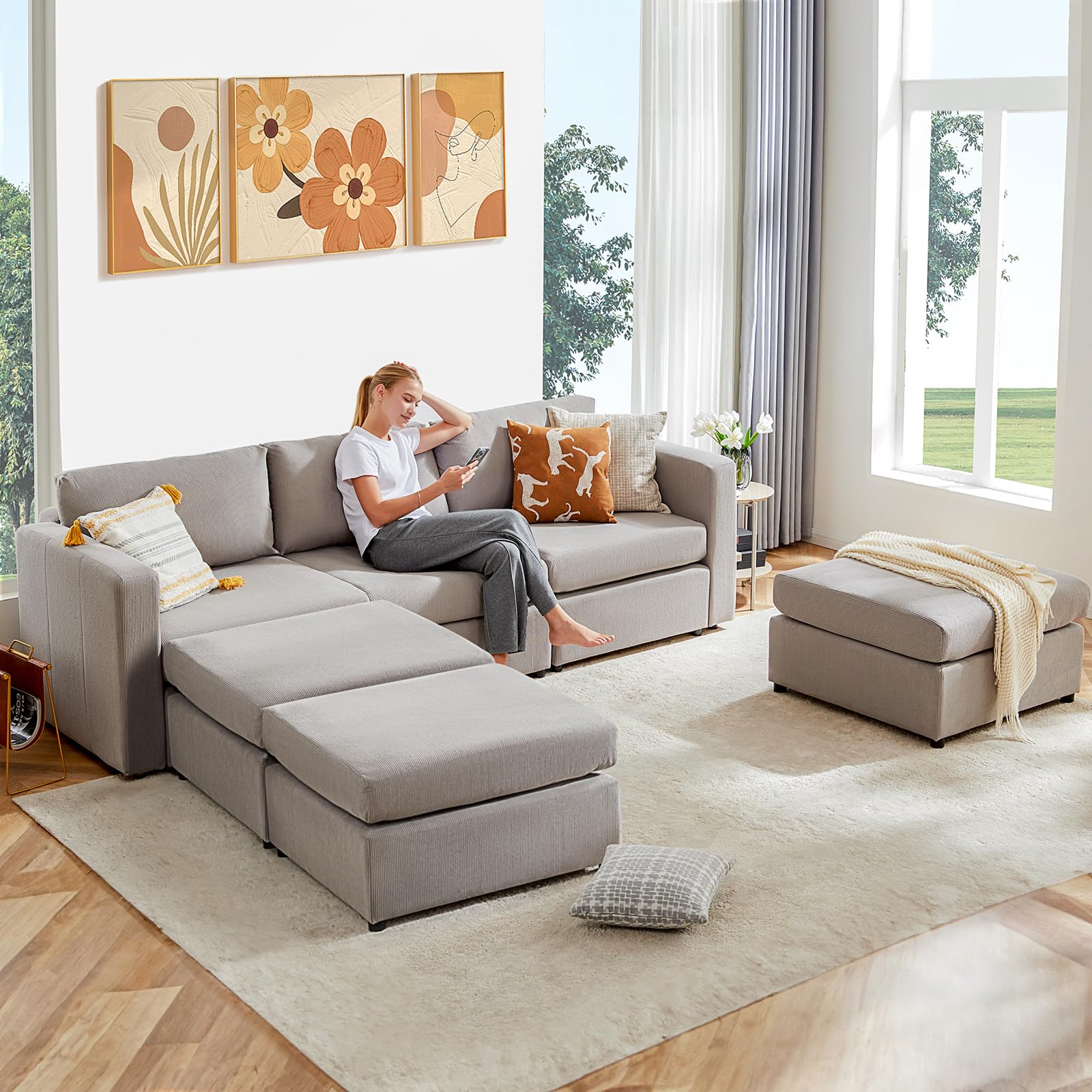 Sweetcrispy Convertible Modular Sectional Sofa, 8 Seat Sectional Couches for Living Room, U-Shaped Modern Fabric Modular Sofa Sleeper with Double Chaise for Home, Apartment, Grey