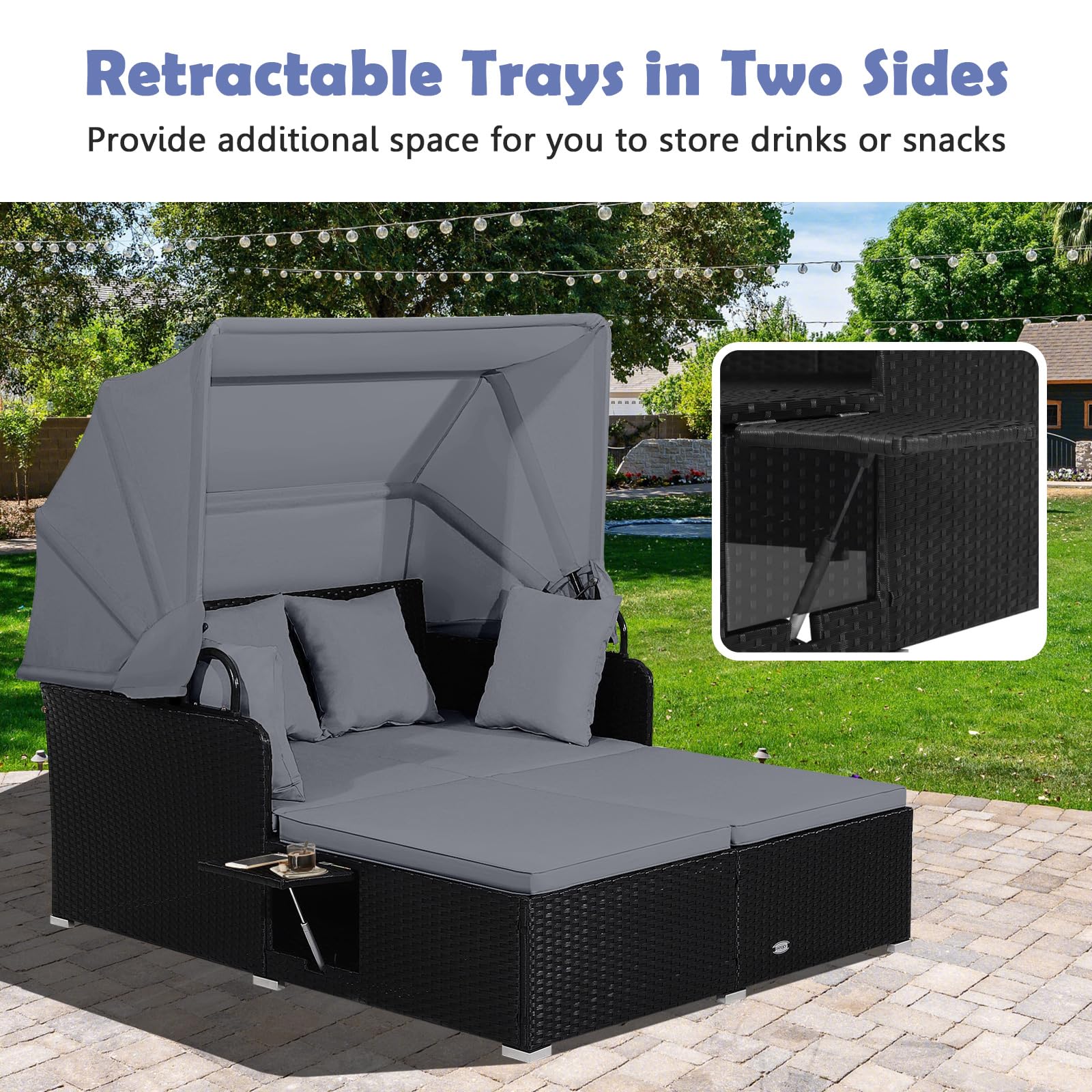 Tangkula Patio Rattan Daybed with Retractable Canopy, Patiojoy Wicker Sun Lounger with 2 Foldable Side Panels, Thick Seat & Back Cushions, for Garden, Backyard, Porch (Grey)