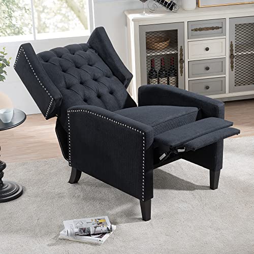 Pushback Recliner Chair,Comfy Wingback Recliner Sofa Chair with Adjustable Backrest,Tufted Fabric Accent Armchair with Vintage Rivets Trim for Living Room Office Home Theater (Black-New)
