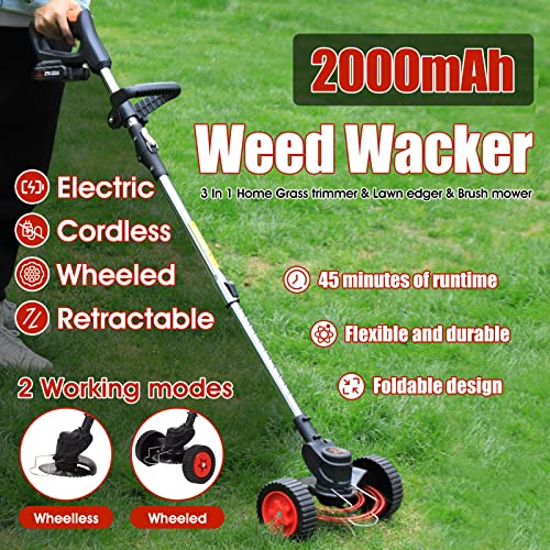 Weed Wacker,Electric Weed Eater,3-in-1 Cordless Weed Eater,Wheeled Lawn Edger,Telescopic and Folding Handle Weed Wacker Battery Powered,90° Head Adjustable Edger Lawn Tool for Yard,Garden (Black)