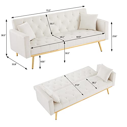 Tmosi Velvet 73'' Convertible Folding Futon Sofa Bed with Removable Armrests for Compact Living Space,Twin Size Loveseat Sofabed with 3 Adjustable Backrests for Bedroom (White)