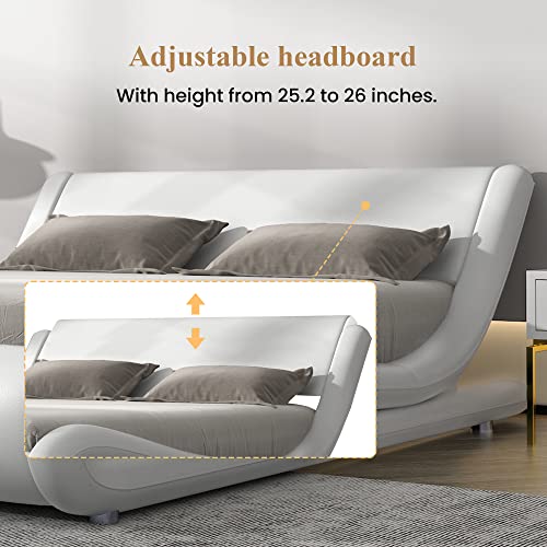 SHA CERLIN Full Size Bed Frame Luxury Wave-Like Modern Upholstered Low Profile Platform Bed, Faux Leather Sleigh Bed with Adjustable Headboard, No Box Spring Needed, White