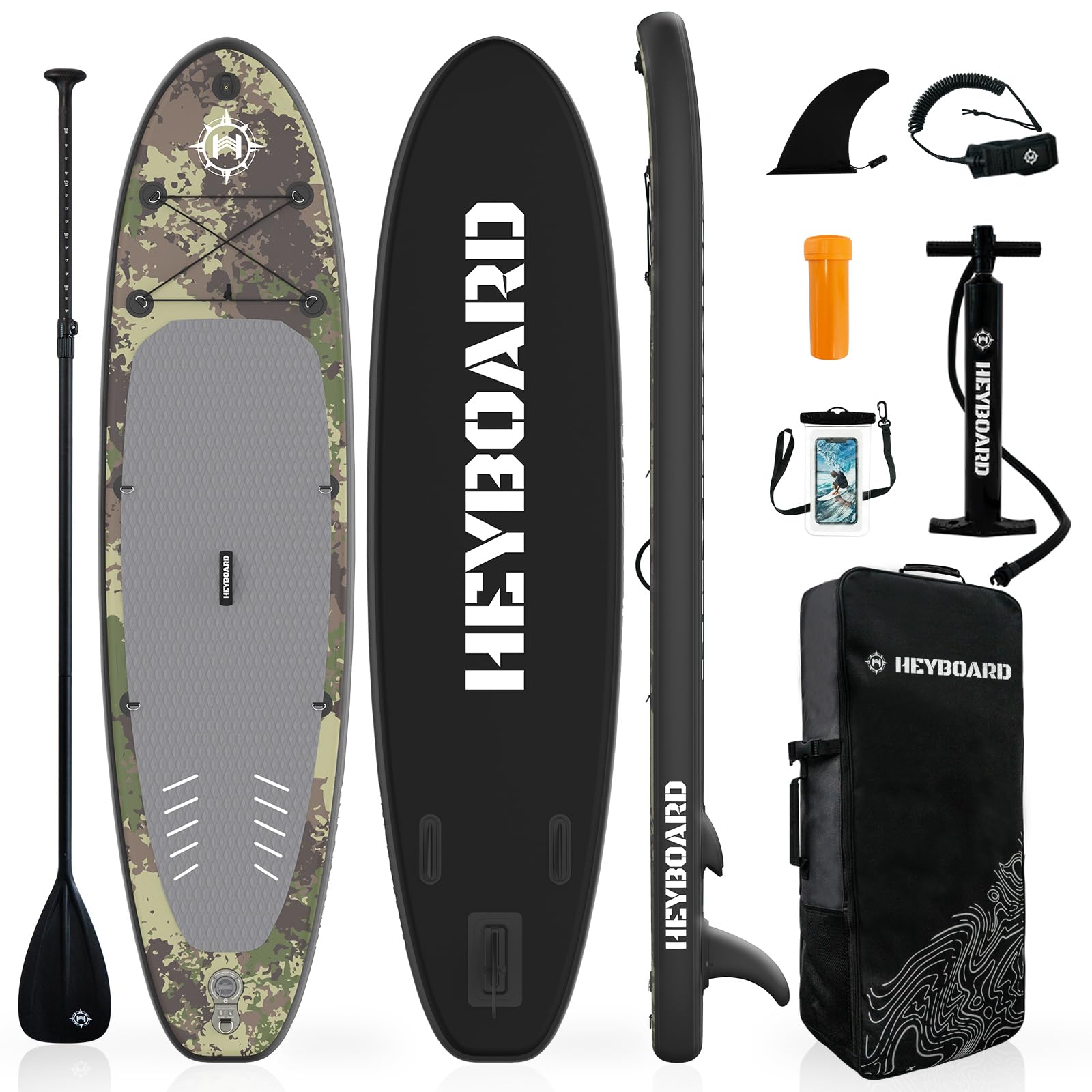 HEYBOARD Inflatable Stand Up Paddleboard with Premium SUP Accessories & Backpack Non-Slip Deck Leash Paddle Hand Pump Waterproof Phone Case for Youth & Adult, 10'6"x32"x6" Grey