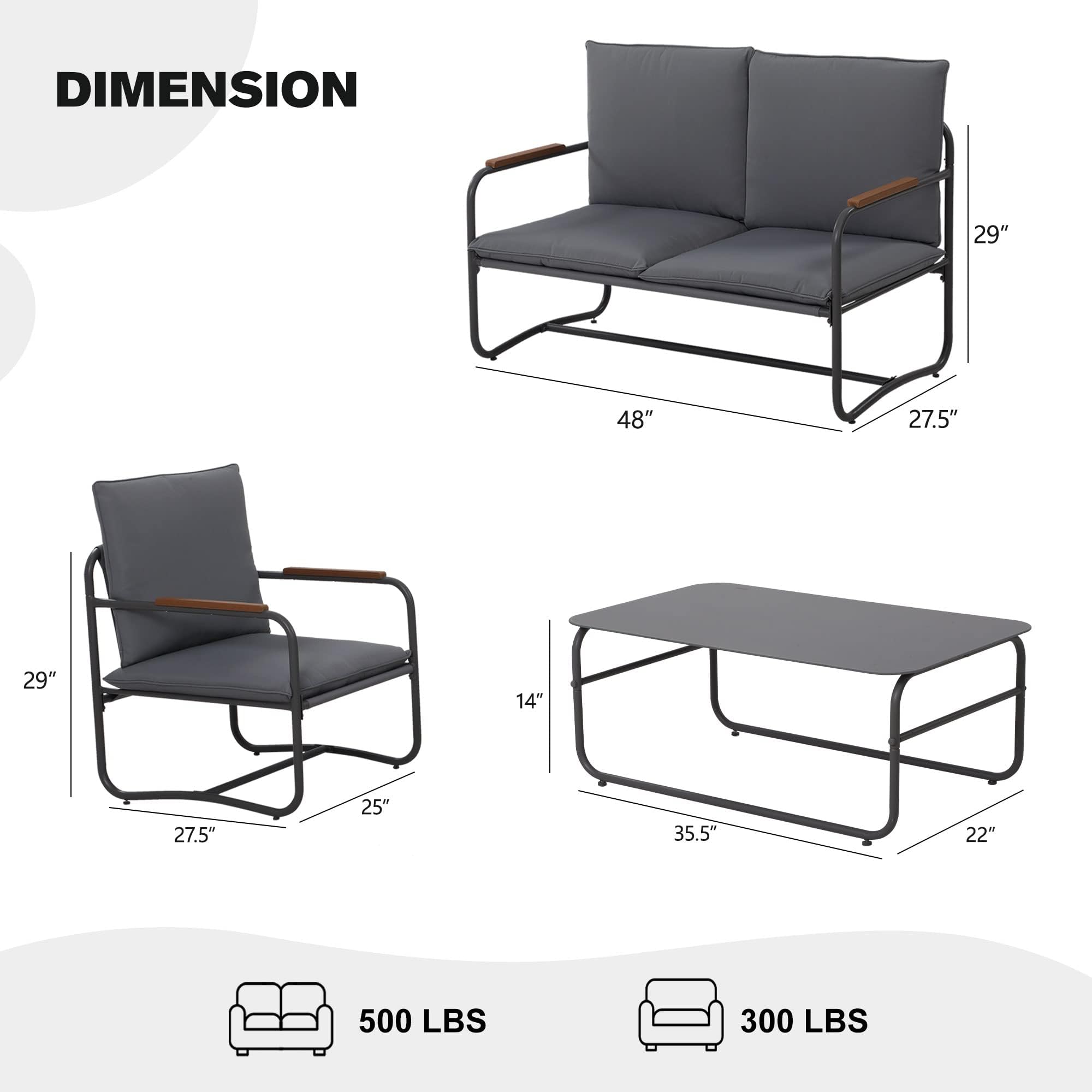 Green4ever 4 Piece Outdoor Furniture Metal Patio Conversation Sets, Dark Gray