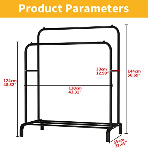 UDEAR Garment Rack, 43.3 Inches Freestanding Double Rod Clothing Racks for Hanging Clothes,Black