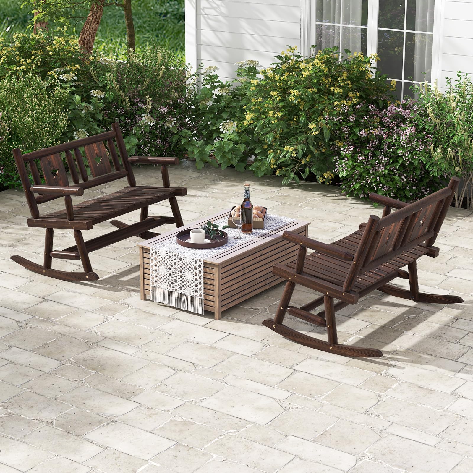 Tangkula Patio Rocking Bench, Carbonized Wood Double Rocker Chair with Ergonomic Seat, 2-Person Solid Wood Rocking Loveseat for Backyard, Porch, Garden, Rustic Farmhouse Style (1, Rustic Brown)