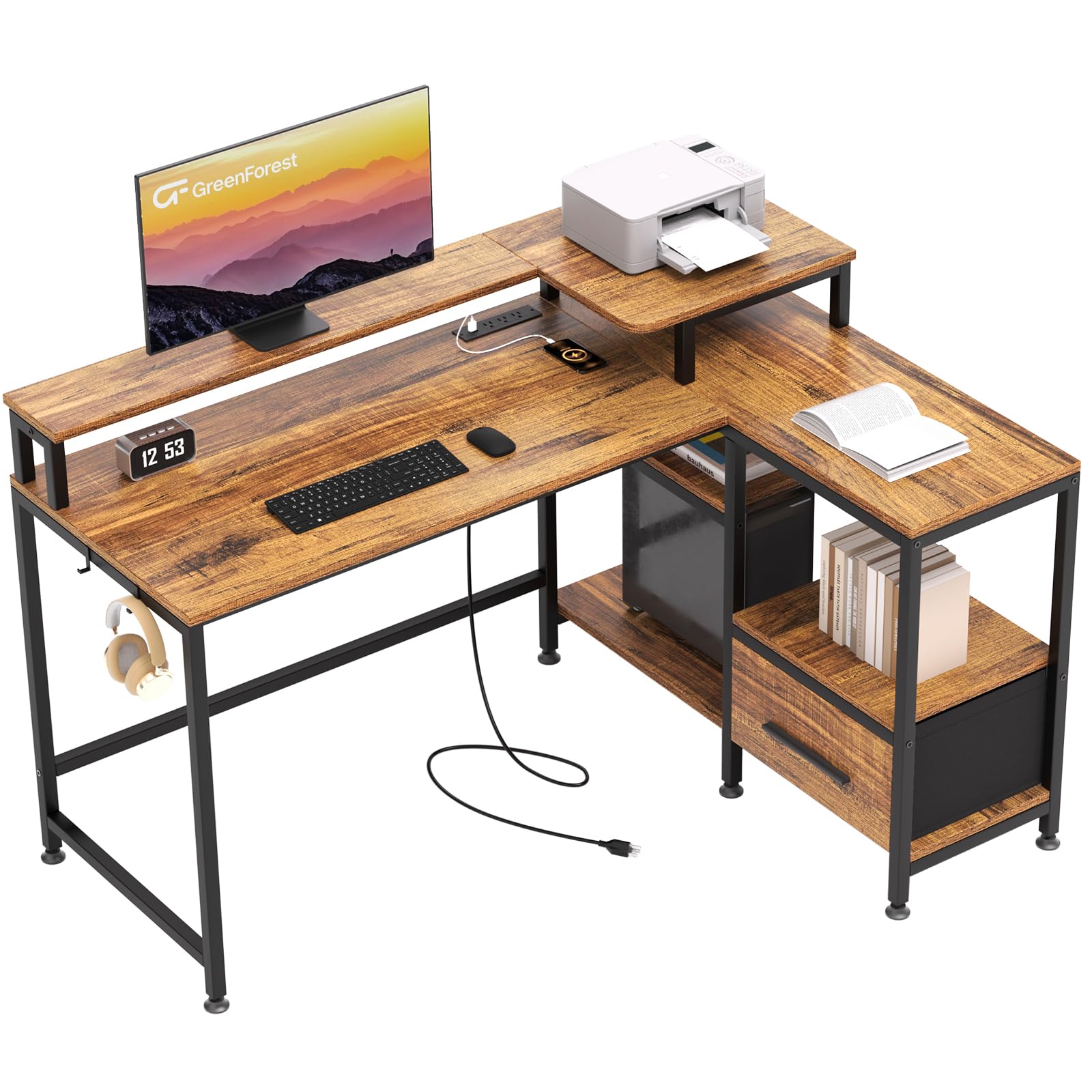 GreenForest L Shaped Desk with Drawers and Power Outlet, 51 inch Home Office Computer Desk with Monitor and Printer Stand, 4 Tier Storage Shelves and Hooks for Work and Study, Walnut