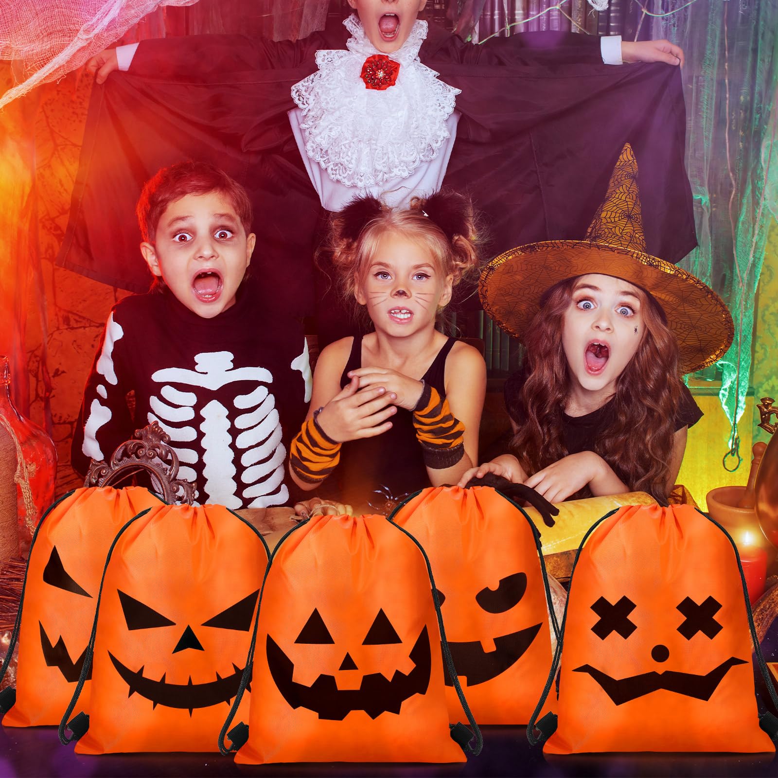 Sweetude 24 Pcs Halloween Drawstring Bags Large Backpack 16.1 x 12.6 Inch Candy Goodie Bags for Party Gift Supplies (Orange)