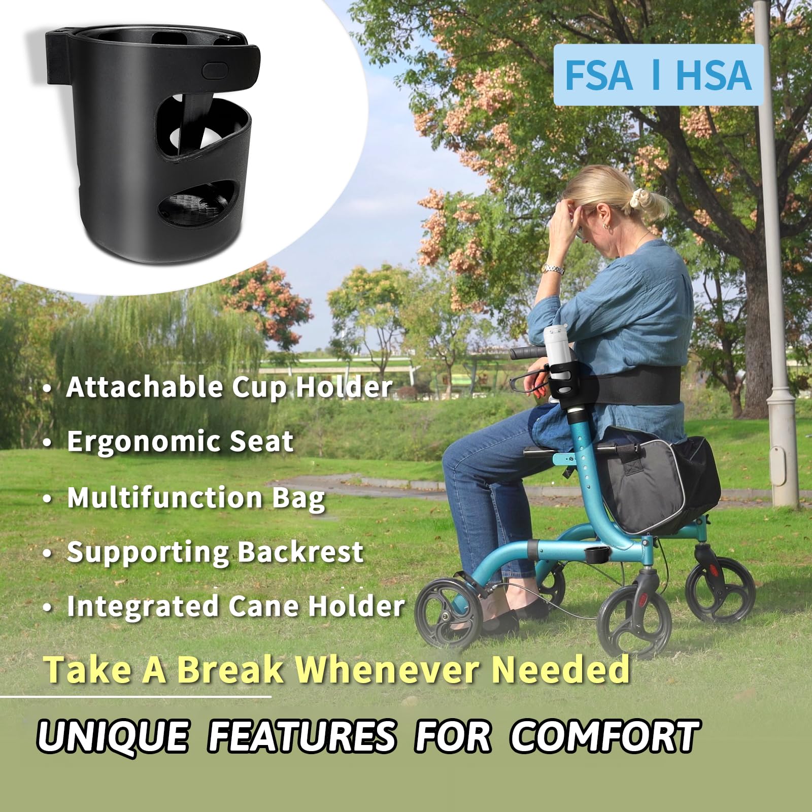Foldable Rollator Walkers for Seniors with Seat, HSA/FSA Eligible Rolling Walker with Cup Holder, Adjustable Walker with Wheels and Seat, Lightweight Rollator Walker with Seat for Adult by SOUHEILO