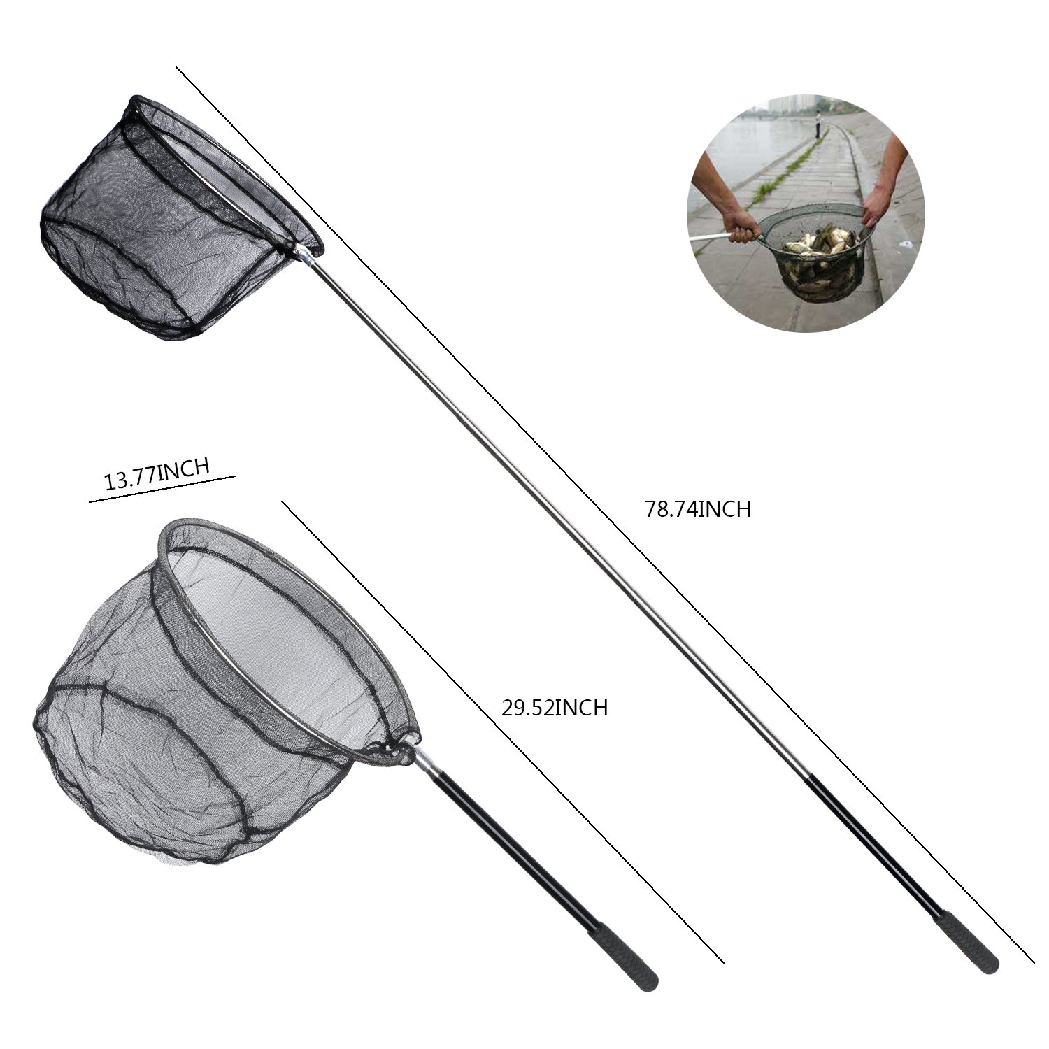 Fishing Landing Net Folding Stainless Steel Fish Carp Landing Net with Extending Non-slip Pole Handle, Fish Shrimp Bird Butterfly Catching Gear