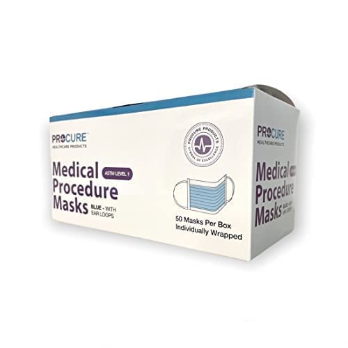 ProCure Disposable 3 Ply Face Masks, 50 Count - Individually Wrapped - Comfortable Elastic Earloops - Glass Free Filter - Latex Free - Non Woven - Filters Dust, Pollen