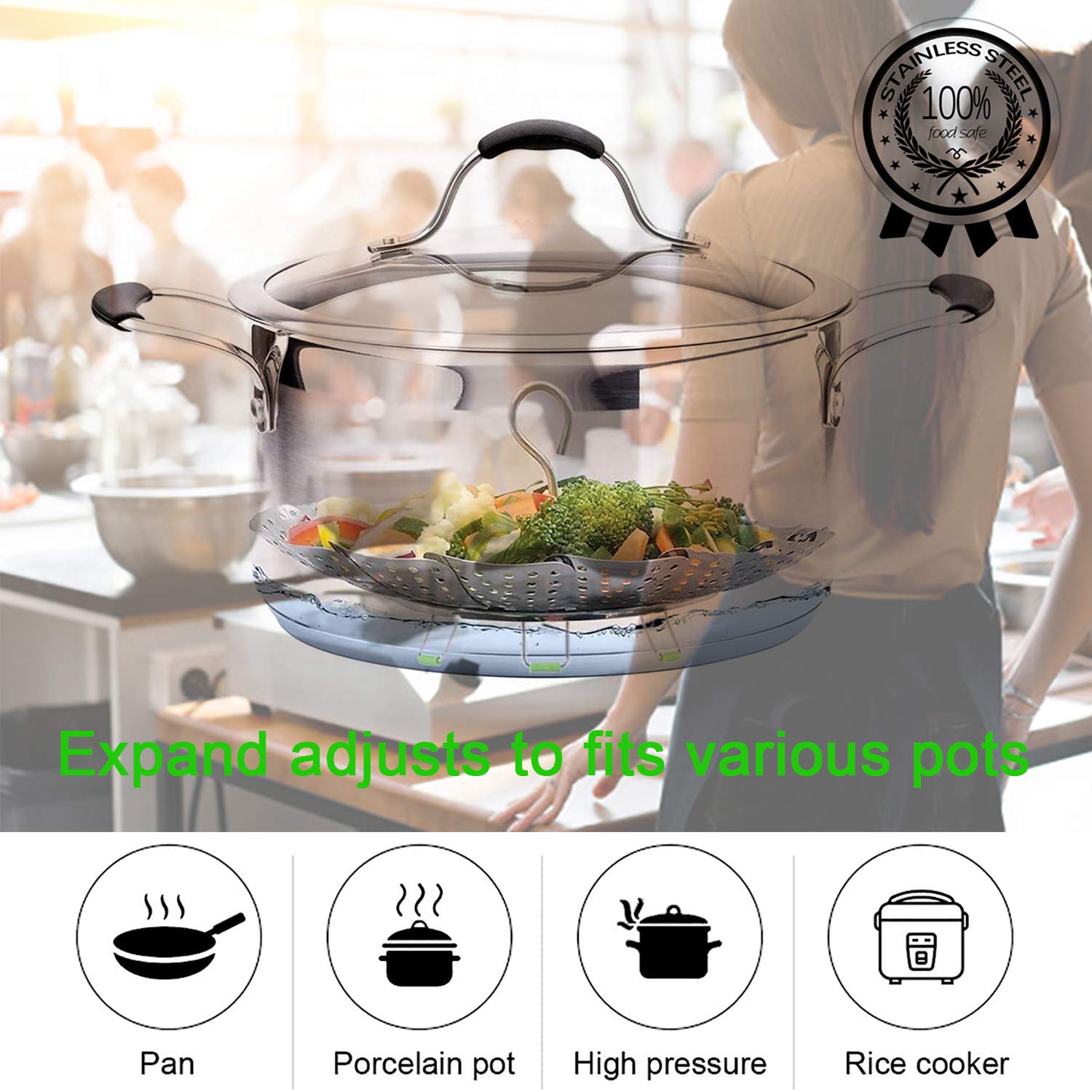 Steamer Basket Stainless Steel Vegetable Basket Metal Handle Folding Silicone Feet Steamer Insert for Cooking Veggies Fish Seafood Include Safety Tool,Fit Various Pot Pressure Cooker (5.5" to 9")