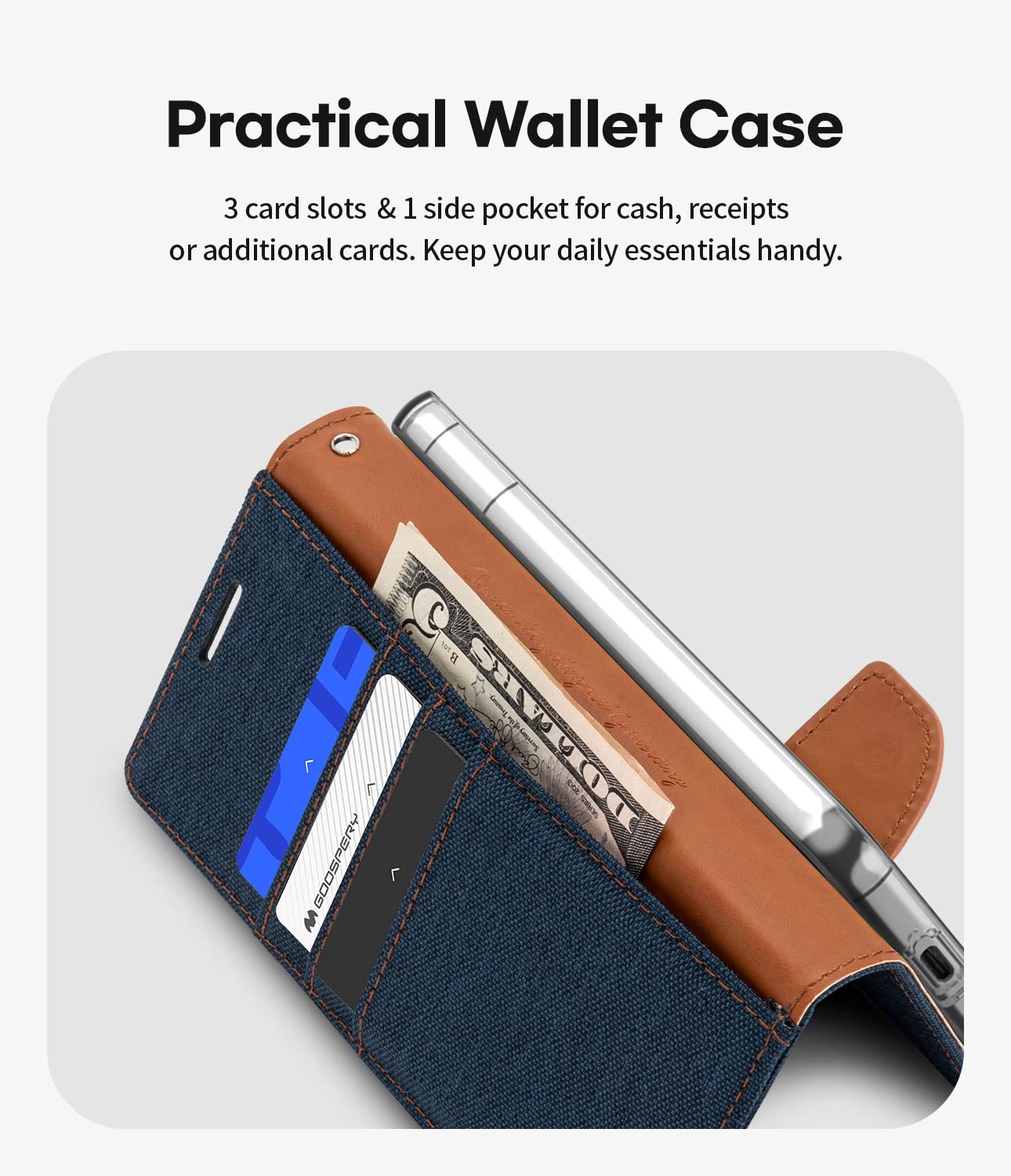 GOOSPERY Canvas Wallet Designed for Samsung Galaxy S22 Wallet Case, Stylish Denim Fabric Design [3 Card Slots & 1 Side Pocket] [Standing Feature] Card Holder Flip Phone Cover - Navy Blue