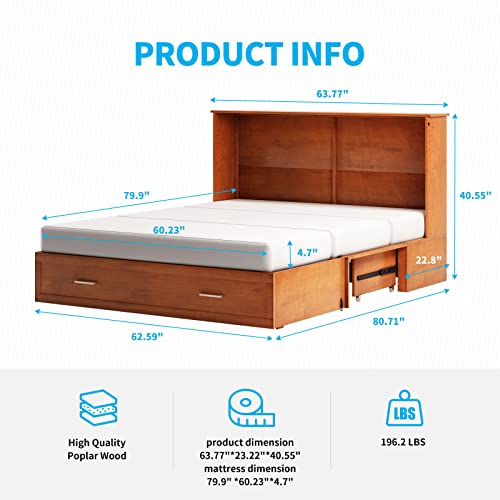 Mjkone Murphy Cube Cabinet Bed with USB Charging Station, Murphy Bed Cabinet with Large Drawer & Folding Mattress, Queen Size Bed Frame for Guest Room, Home, Office - Cherry