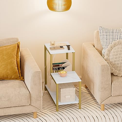 Snughome End Table with Charging Station, Narrow Side Table, 3 Tier Modern Nightstand with USB Ports and Outlet, Sofa Beside Table for Living Room, Bedroom,White and Gold
