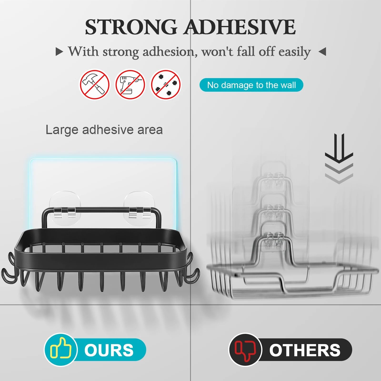 Soap Dish Holder for Shower Wall, 304 Stainless Steel Bar Soap Holder with Hooks for Bathroom, Sponge Holder for Kitchen Sink-Powerful Adhesive No Drilling