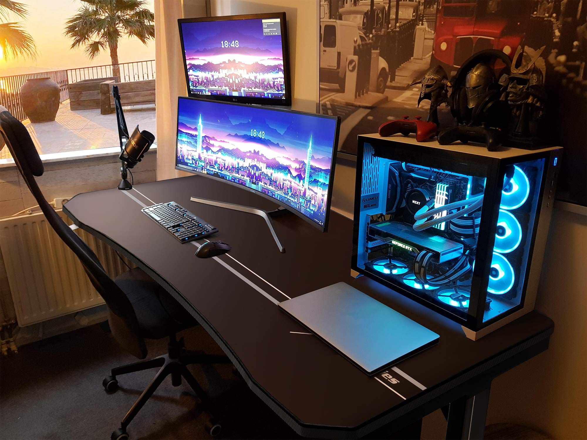 Furmax 44 Inch Gaming Desk T-Shaped PC Computer Table, Home Office Desk Carbon Fibre Surface Workstation with Free Full Coverage Mouse Pad, Cup Holder and Headphone Hook, Black